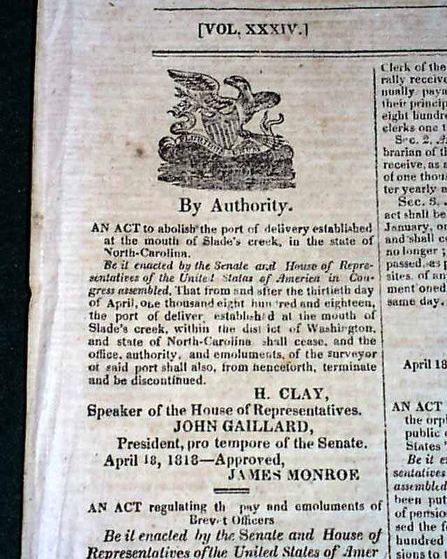 1818 James Monroe - Tobacco Ad... - RareNewspapers.com