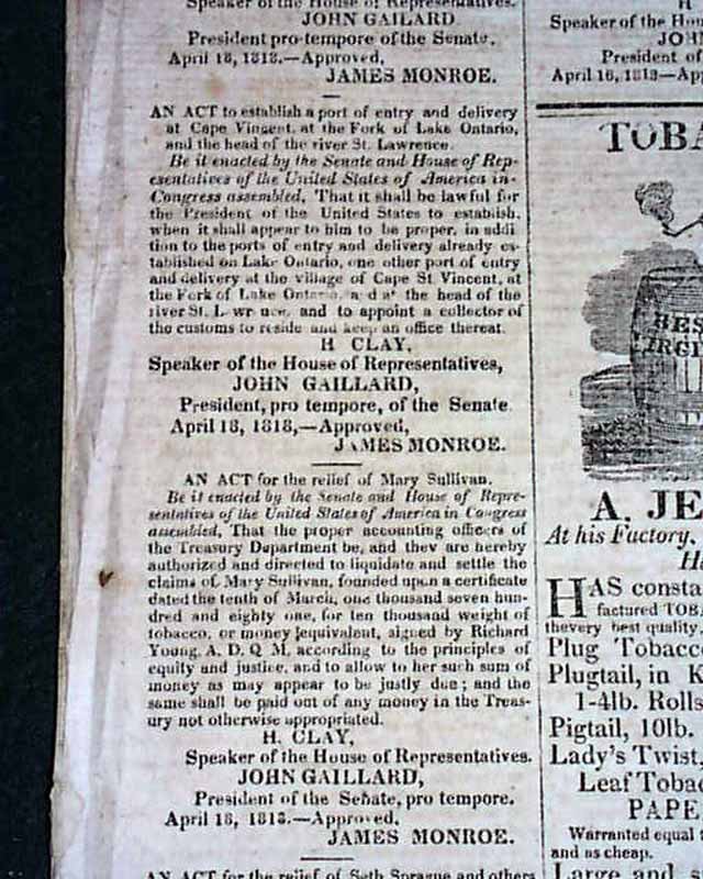 1818 James Monroe - Tobacco Ad... - RareNewspapers.com
