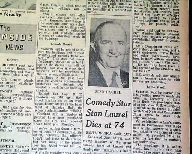 1965 Stan Laurel death.... famed comedy actor... - RareNewspapers.com