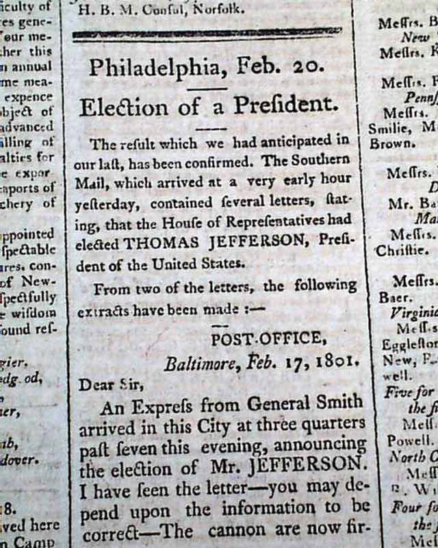 Thomas Jefferson is (finally) elected President... - RareNewspapers.com