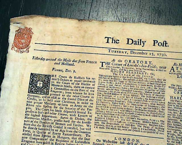 A single sheet newspaper from London, 1730... - RareNewspapers.com