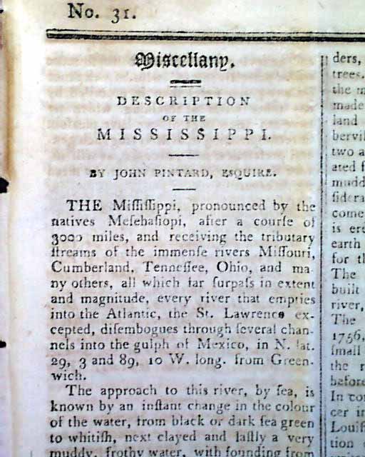 Description of the Mississippi by John Pintard... - RareNewspapers.com