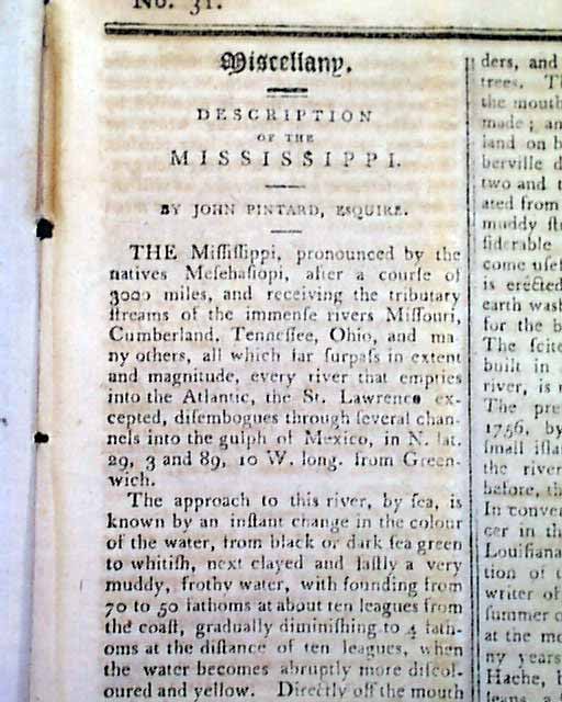 Description of the Mississippi by John Pintard... - RareNewspapers.com