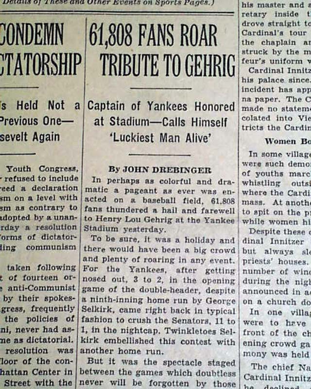Lou Gehrig's "Luckiest man alive" speech... - RareNewspapers.com