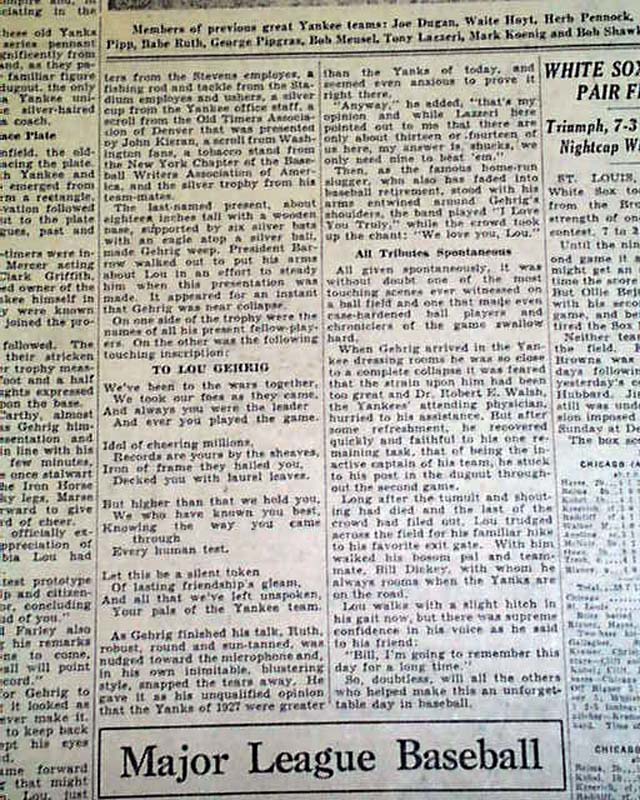 Lou Gehrig's "Luckiest man alive" speech... - RareNewspapers.com