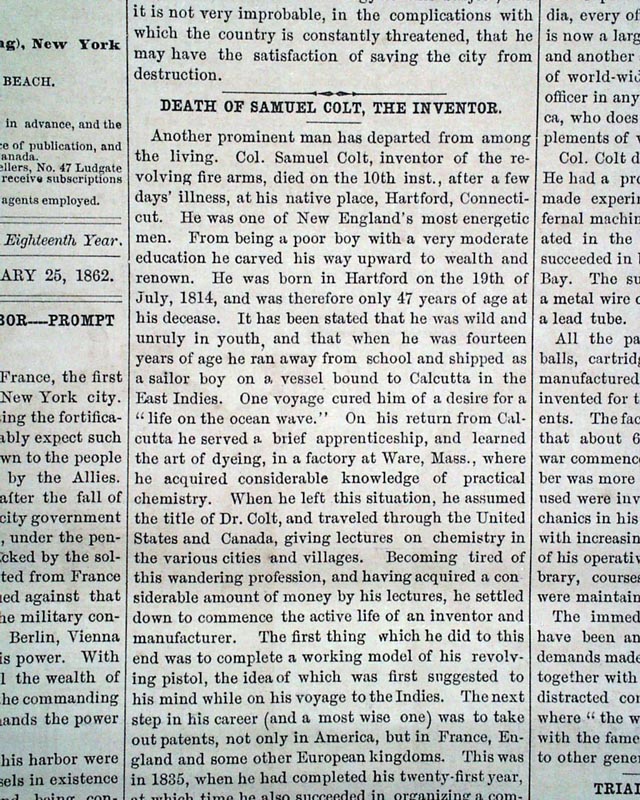 Death of Samuel Colt... Spencer's Breech-Loading Rifles ...