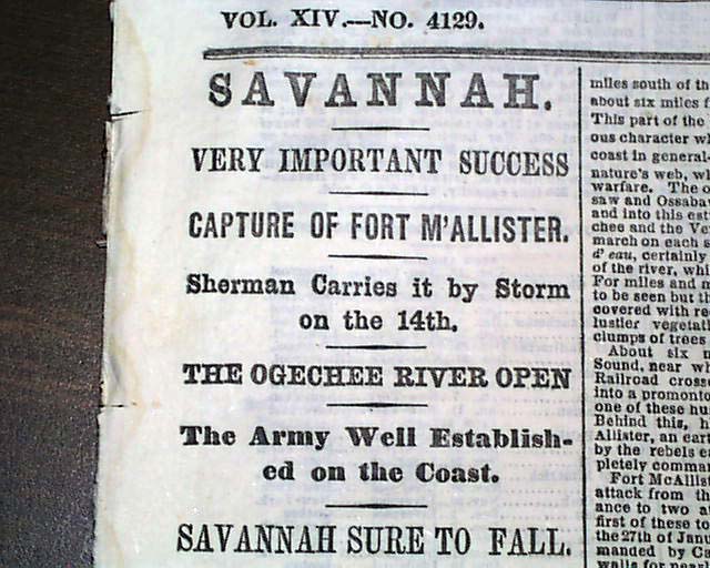 Capture Of Savannah Ga In 1864... - RareNewspapers.com
