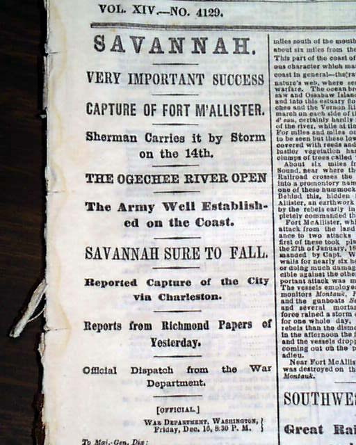 Capture Of Savannah Ga In 1864... - RareNewspapers.com