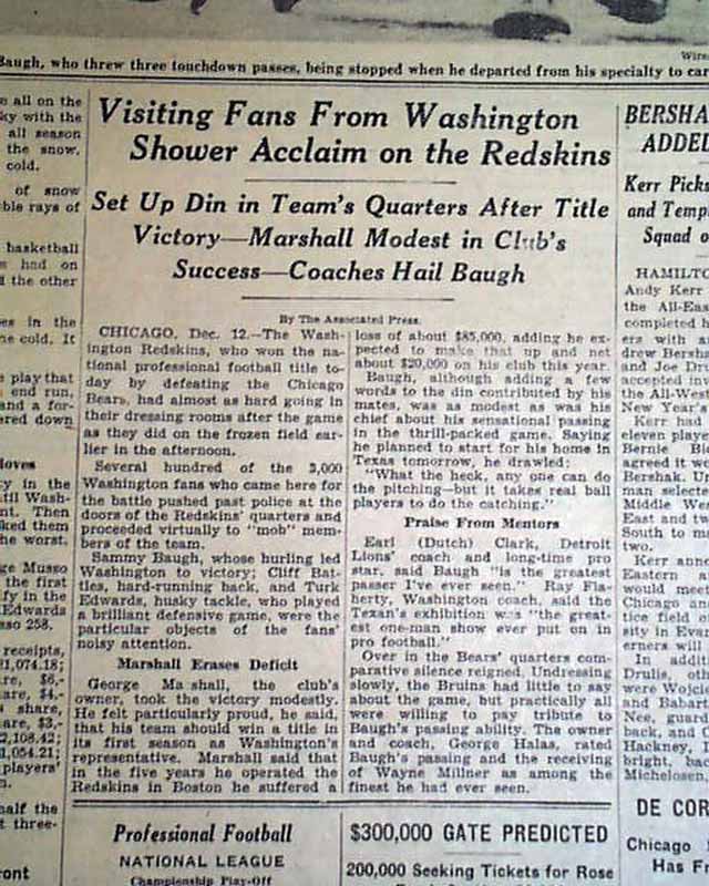 Washington Redskins win Title in 1937..... - RareNewspapers.com