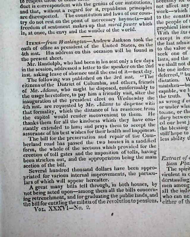 Inauguration & inaugural address of Andrew Jackson... - RareNewspapers.com