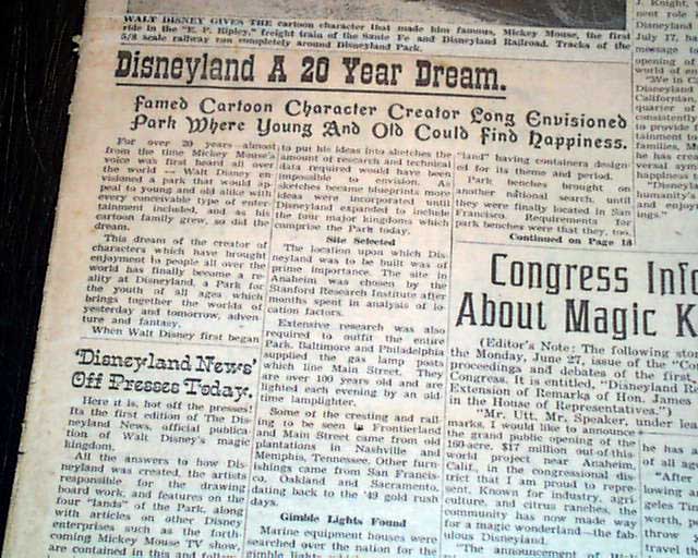 Rare first issue of the "Disneyland News" announcing its opening ...