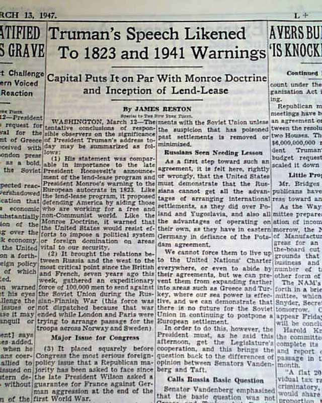 Harry Truman Doctrine in 1947.... - RareNewspapers.com