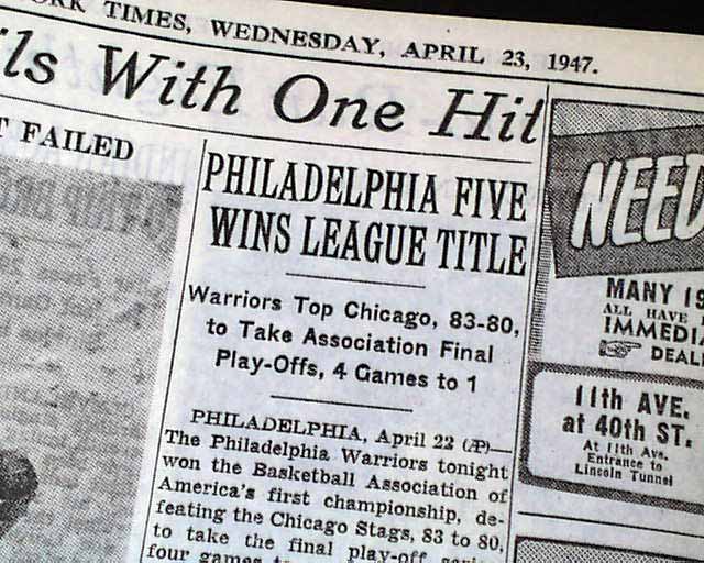 Philadelphia Warriors win the first NBA title... - RareNewspapers.com