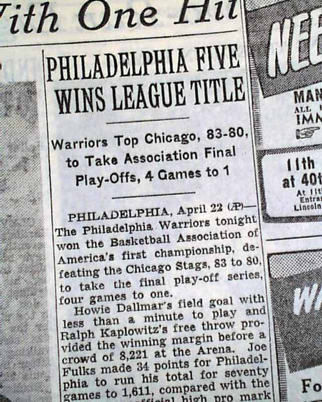 Philadelphia Warriors win the first NBA title... - RareNewspapers.com