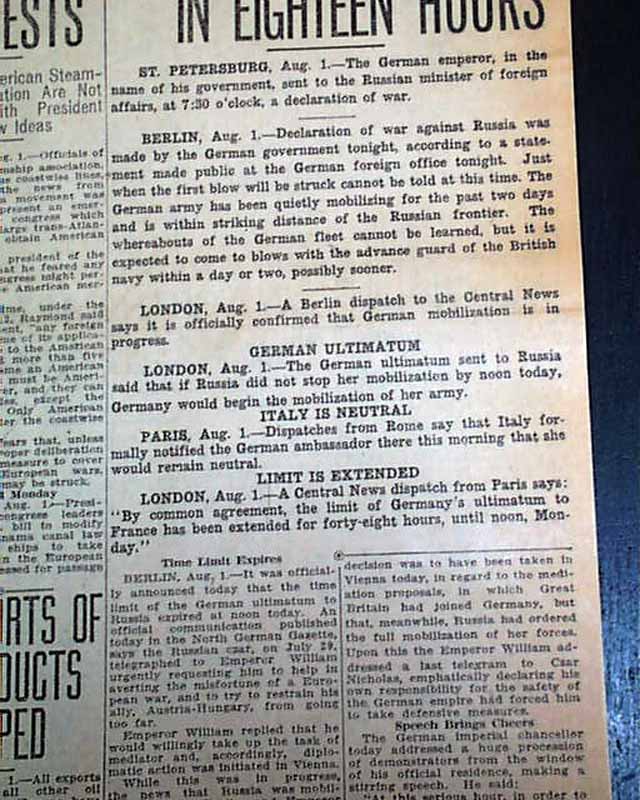 Germany declares war of Russia in 1914... - RareNewspapers.com