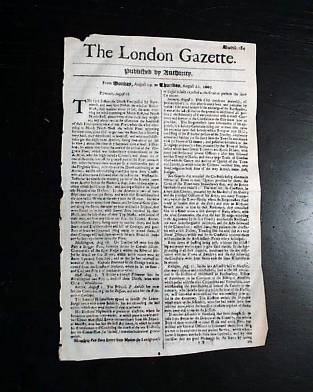 Genuine London Gazette newspaper from 1667... - RareNewspapers.com
