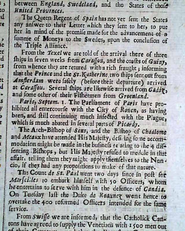 Great Plague mention in a 1668 newspaper... - RareNewspapers.com