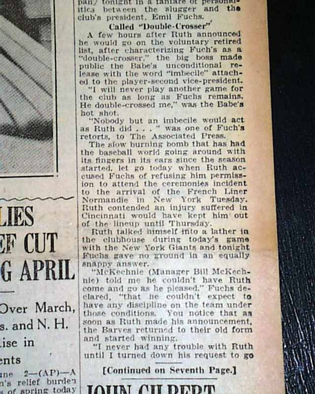 Babe Ruth retires... Boston Braves... - RareNewspapers.com