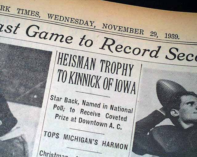 Nile Kinnick wins 1939 Heisman Trophy... - RareNewspapers.com