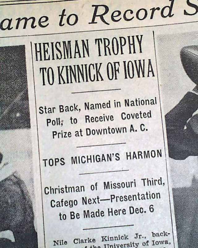 Nile Kinnick wins 1939 Heisman Trophy... - RareNewspapers.com