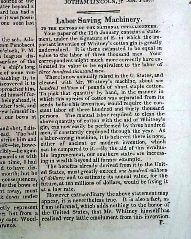 Eli Whitney invents the cotton gin... - RareNewspapers.com