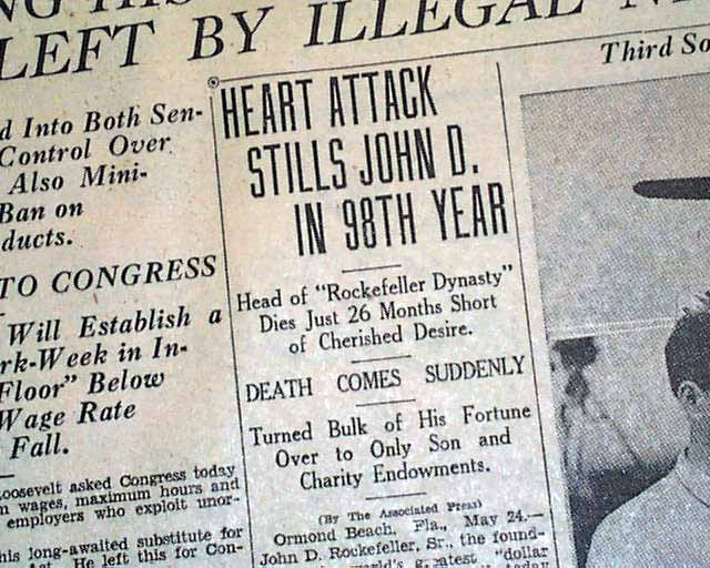 John D. Rockefeller death in 1937.... - RareNewspapers.com