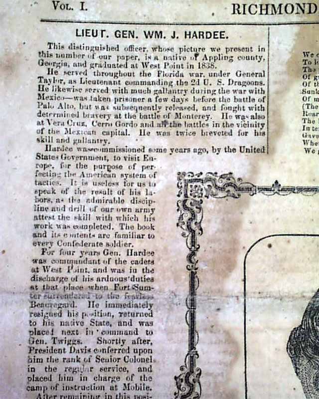 General William J. Hardee on the front of a Confederate newspaper ...