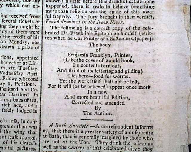 Ben Franklin's epitaph... Revolutionary War events... - RareNewspapers.com