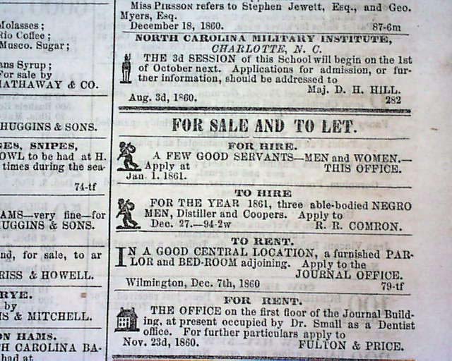 1861 Wilmington NC Slave Ads... - RareNewspapers.com