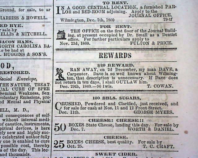 1861 Wilmington NC Slave Ads... - RareNewspapers.com