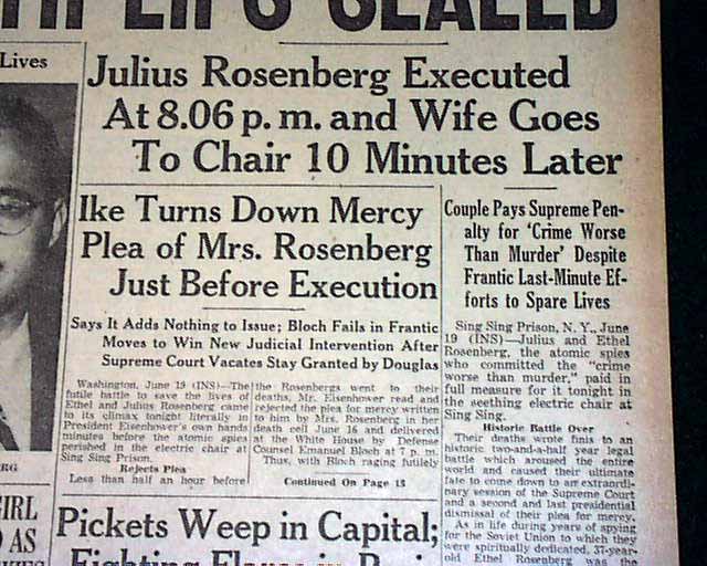 Russian Atom Spies Rosenbergs Executed In 1953... - RareNewspapers.com