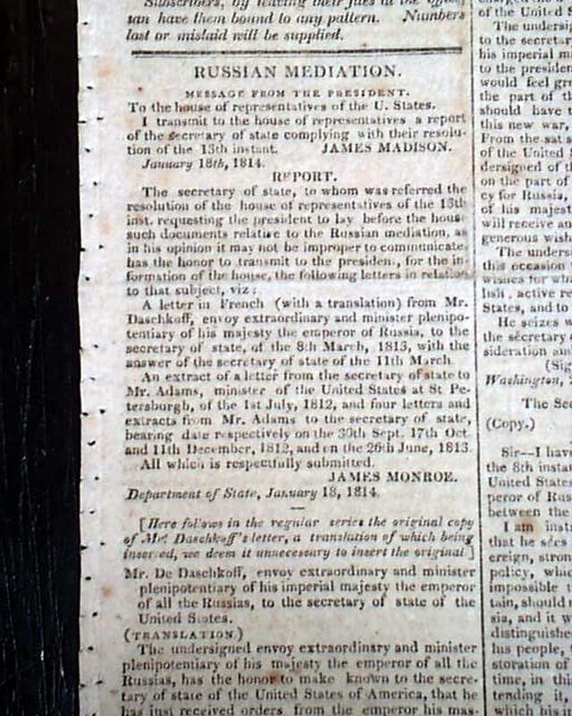 A newspaper created solely to report on the War of 1812 ...