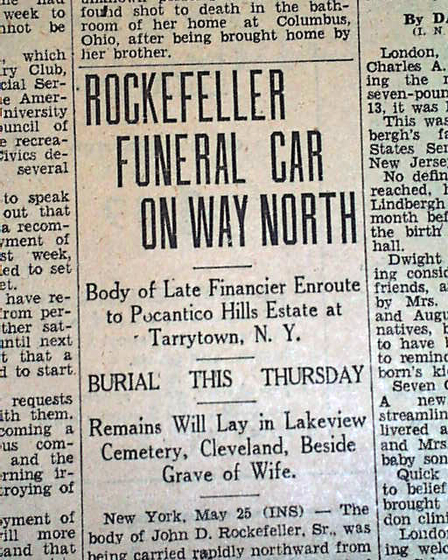 John D. Rockefeller death in 1937.... - RareNewspapers.com
