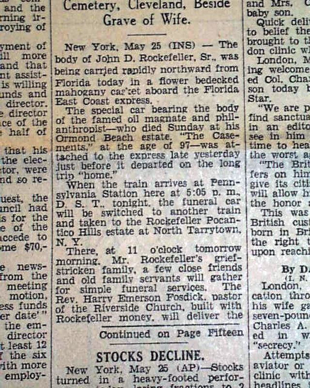 John D. Rockefeller death in 1937.... - RareNewspapers.com
