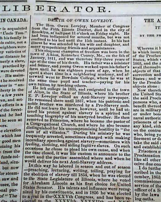 Death of Owen Lovejoy... Lincoln's Amnesty Proclamation ...