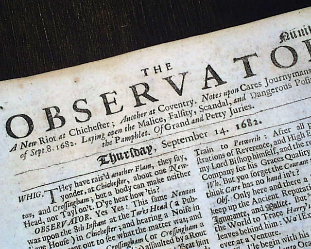 Very Early Rare 1682 OBSERVATOR Newspaper 322 Years Old ...