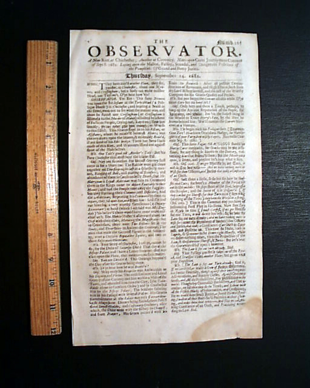 Very Early Rare 1682 OBSERVATOR Newspaper 322 Years Old ...