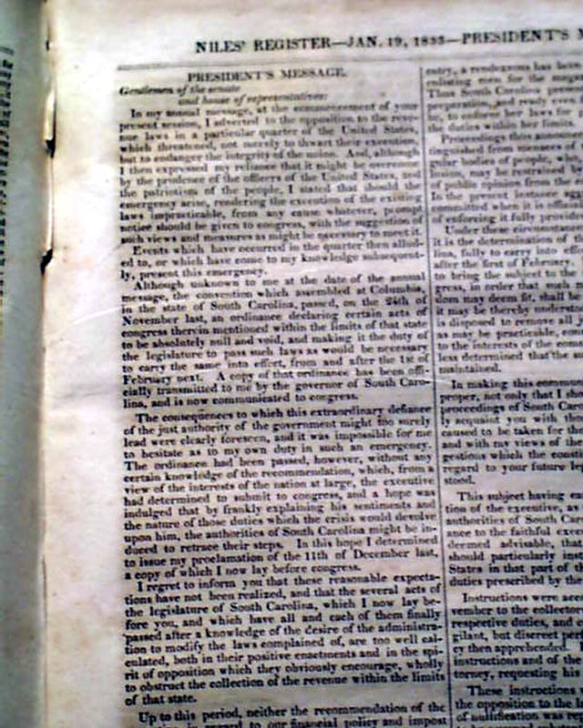 The Nullification Crisis: Andrew Jackson's response... - RareNewspapers.com