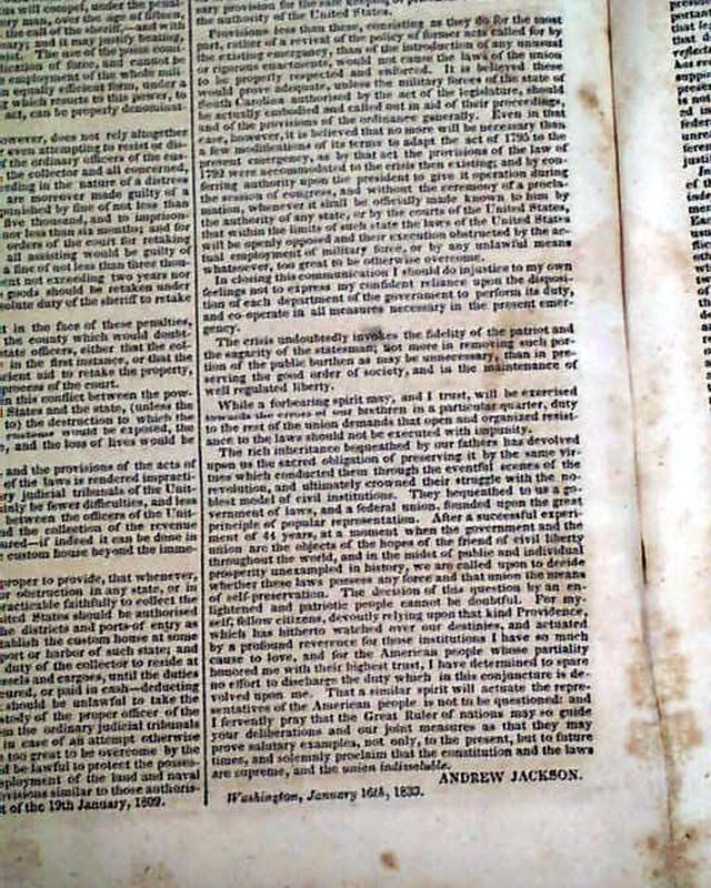 The Nullification Crisis: Andrew Jackson's response... - RareNewspapers.com