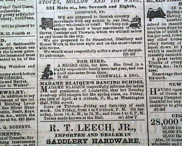 1853 LOUISVILLE KY Newspaper Pre Civil War SLAVE ADS ...