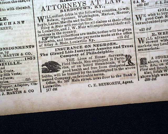 1853 LOUISVILLE KY Newspaper Pre Civil War SLAVE ADS ...