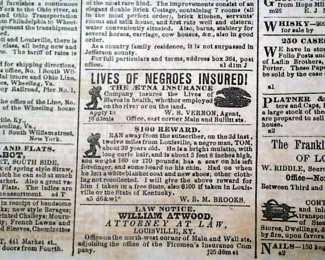 1853 LOUISVILLE KY Newspaper Pre Civil War SLAVE ADS ...