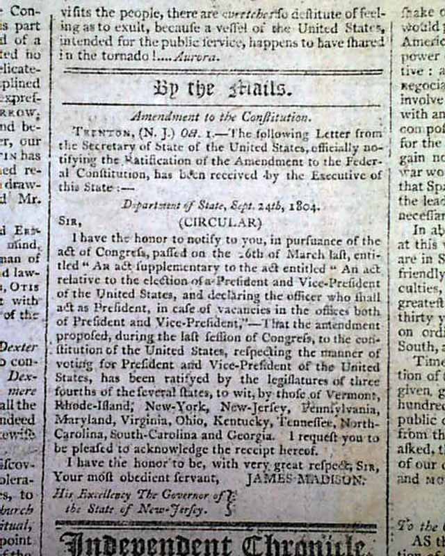 Twelfth Amendment to the Constitution is ratified... - RareNewspapers.com