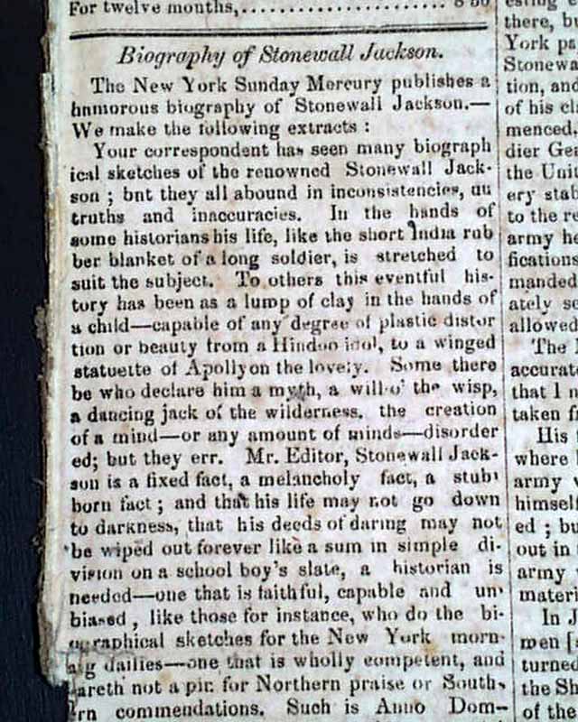 Biography of Stonewall Jackson in a Confederate newspaper ...