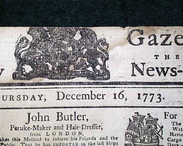 Boston newspaper from the day of the Boston Tea Party ...