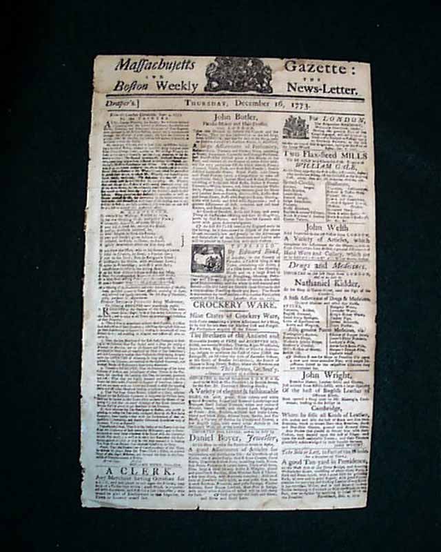 Boston newspaper from the day of the Boston Tea Party ...