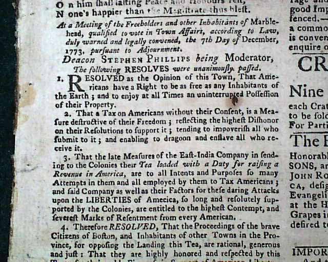 Boston newspaper from the day of the Boston Tea Party ...