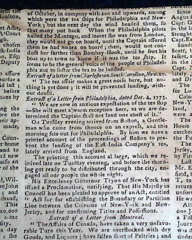 Boston newspaper from the day of the Boston Tea Party ...