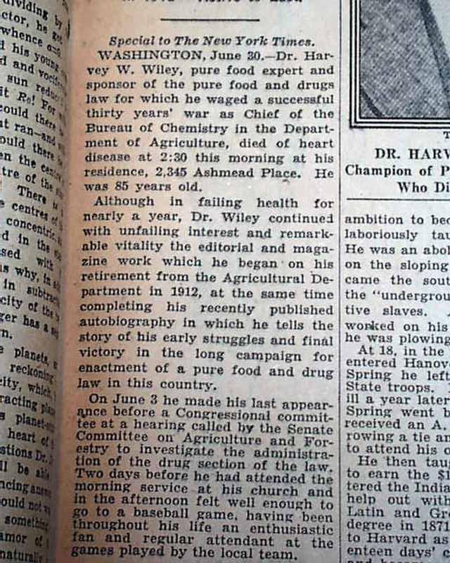 Harvey Washington Wiley death.... - RareNewspapers.com