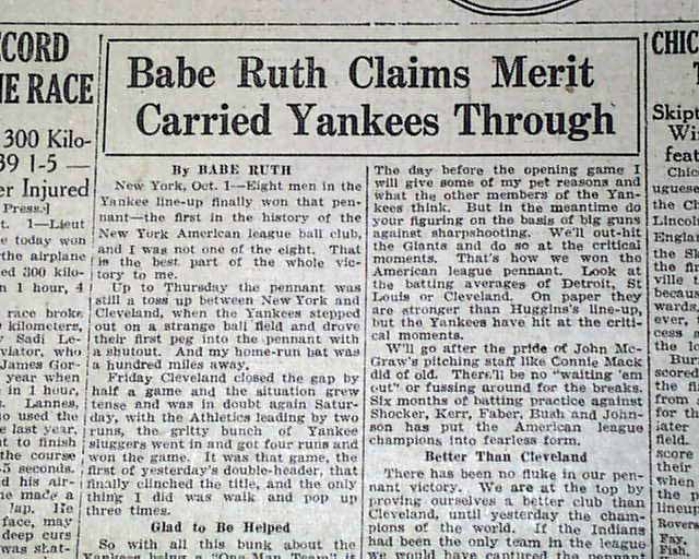 1st New York Yankees World Series...Babe Ruth 1921.... - RareNewspapers.com